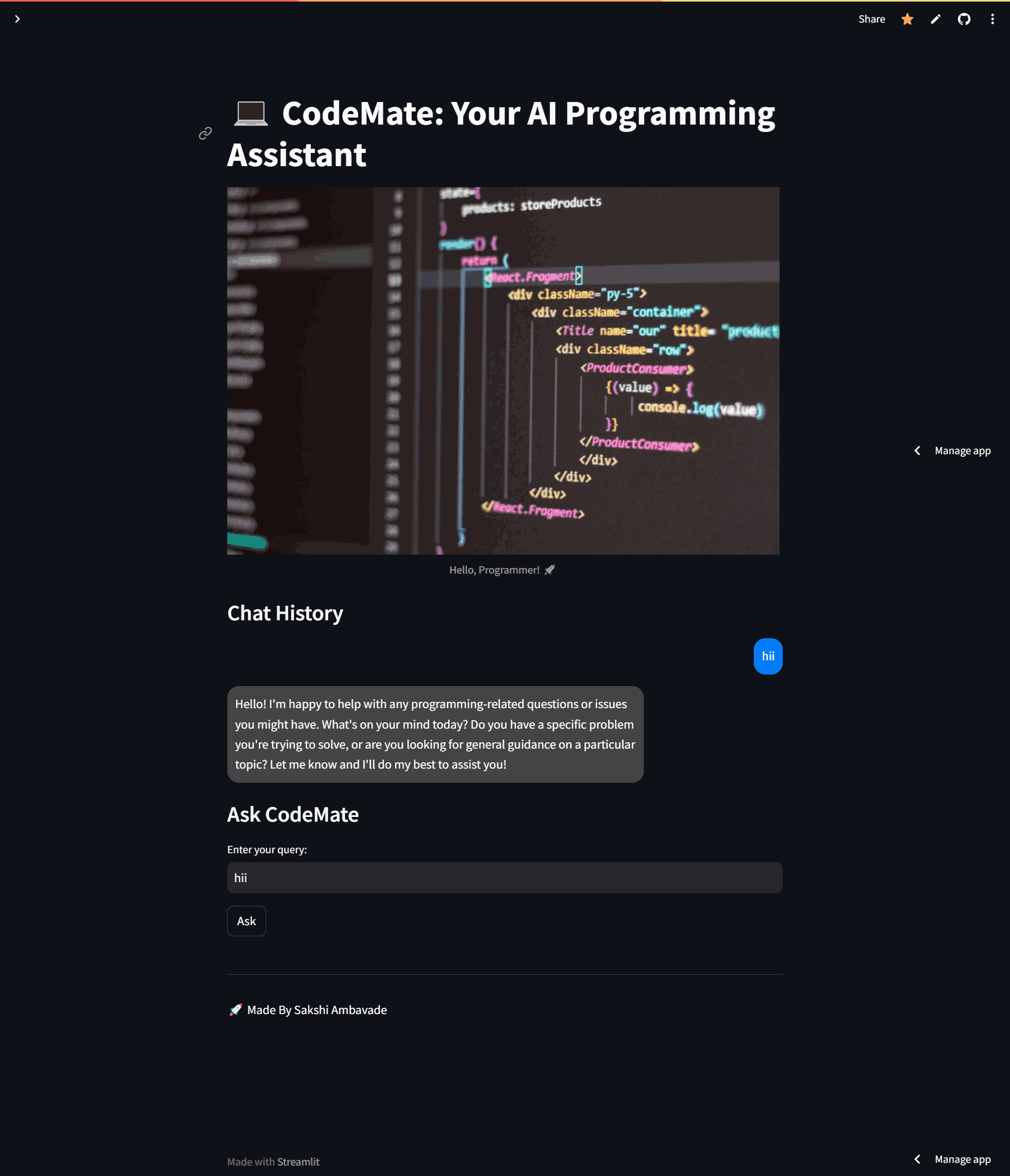 GitHub - Sakshiambavade/Codemate_Chatbot