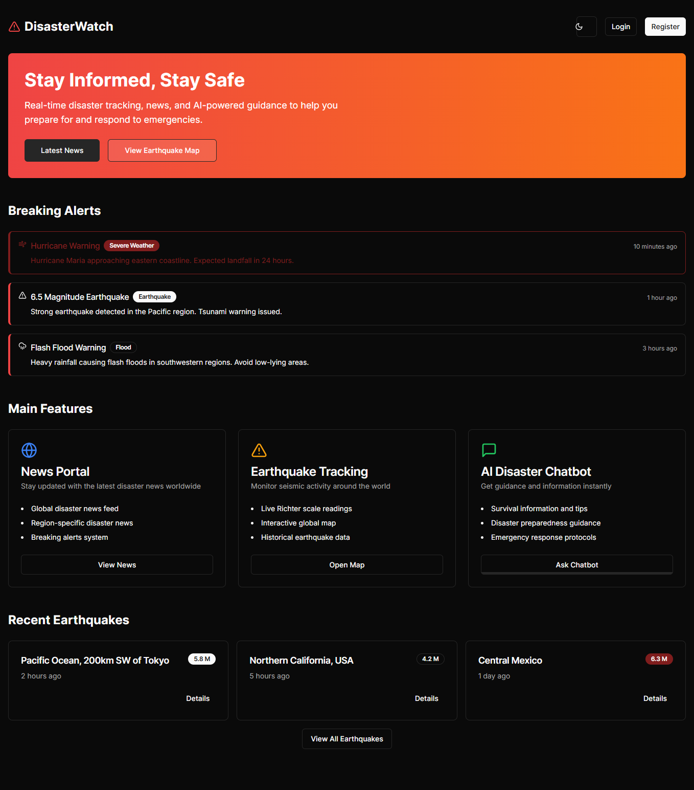 GitHub - arjun101003/DisasterWatch: DisasterWatch is a web app that tracks earthquakes, provides ...